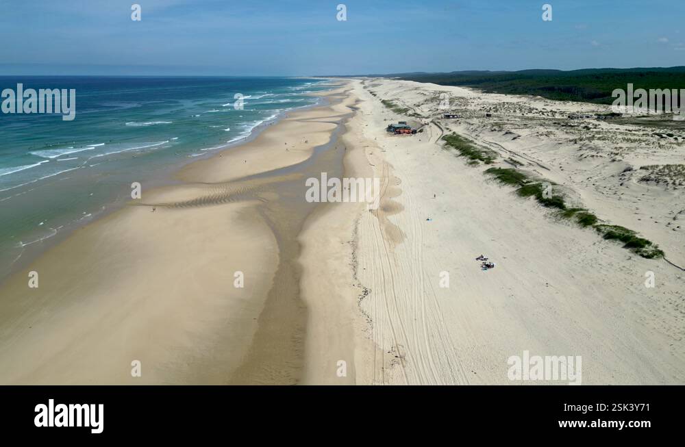 Beach at Biscarrosse France with wave surf and beach eatery, Aerial ...