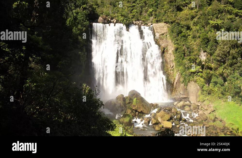 Nature window to New Zealand Wonder waterfall - drone zoom in unveils ...