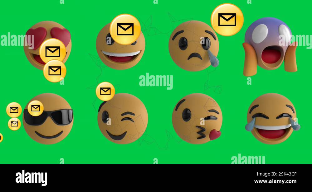 Animation of message icon in circles over multiple emoticons against ...
