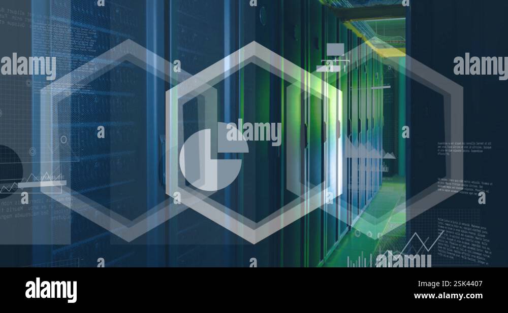 Animation of hexagonal shapes and data processing against computer ...