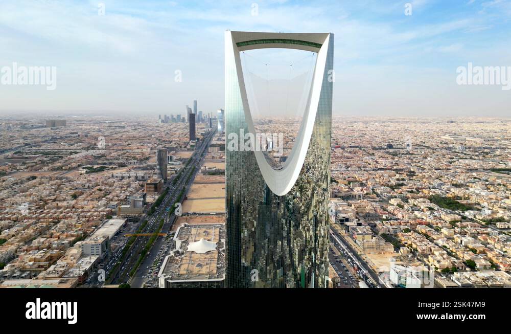 Famous landmark in Riyadh city. Drone shot Kingdom Centre Tower Stock ...