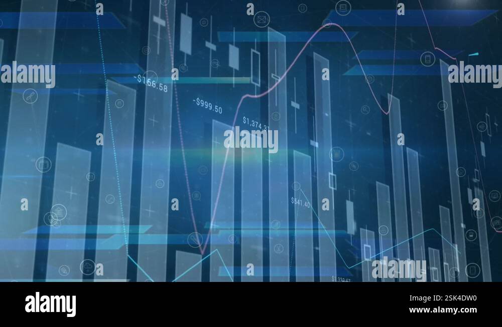 Animation of statistical data processing and digital icons against ...