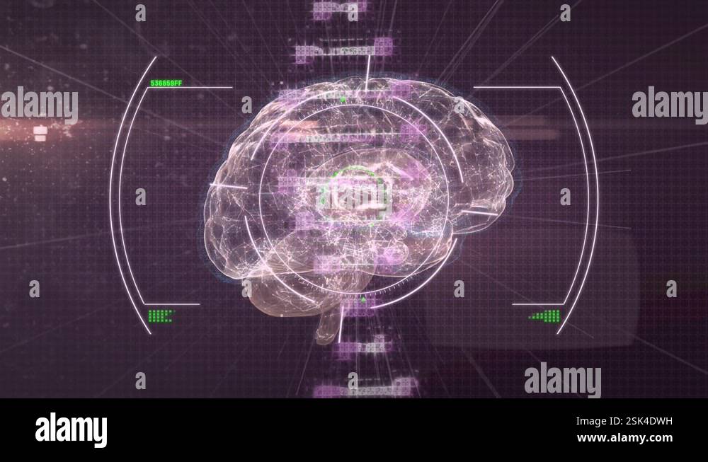 Animation of scope scanning over spinning human brain icon and dna ...