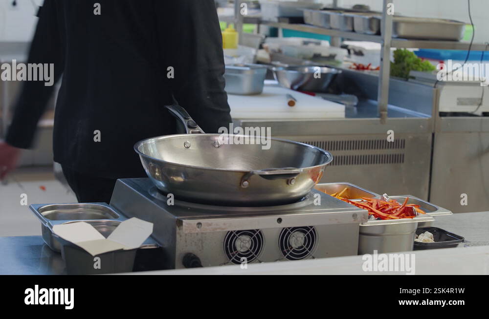 Kitchen Chef Setting Up Stove With Cooking Pan For Chinese Cuisine ...