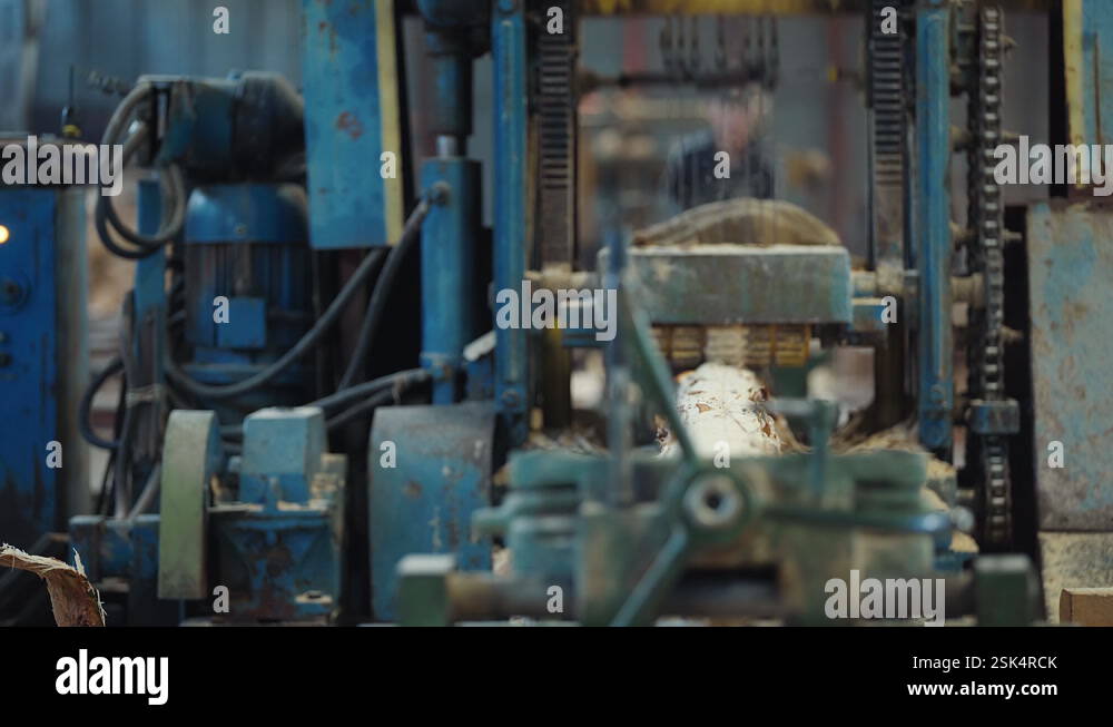 Industrial woodworking equipment dividing lumber log into multiple ...