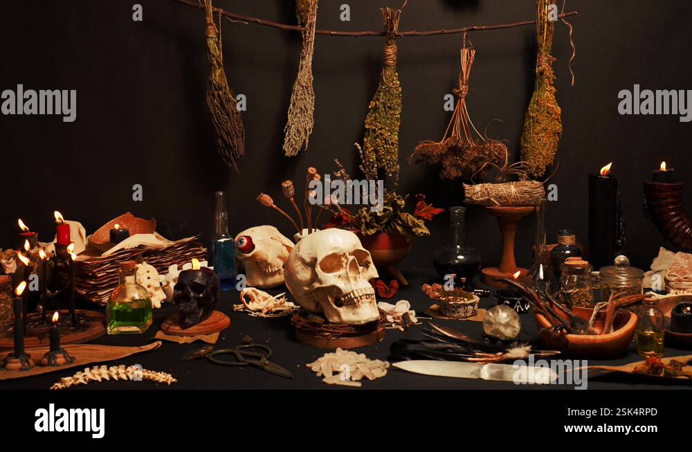 Witch's ceremony with ritual magic items. Magic symbols and tools ...