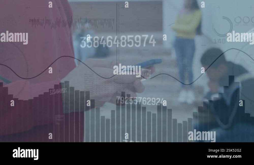 Animation of statistical data processing against mid section of a man ...