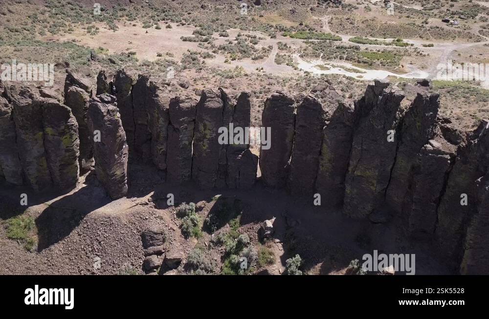 Rising aerial tilts to Feathers formation, columnar basalt spires, WA ...