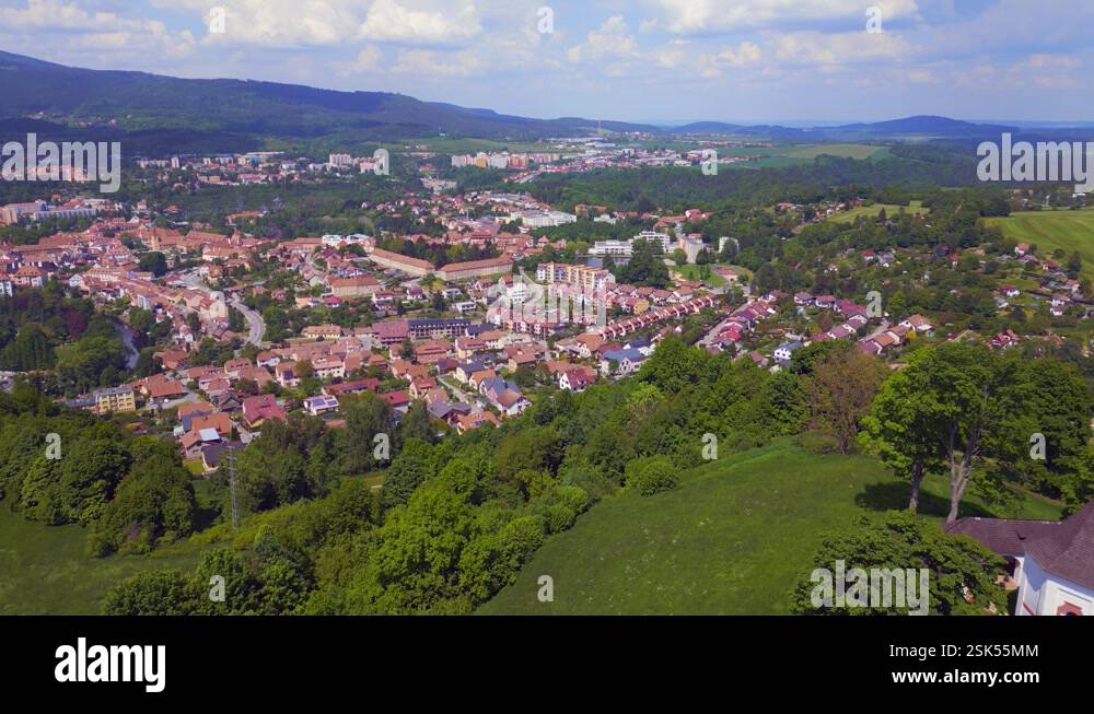 overview Town Krumlov. Best aerial top view flightChapel on hill, Czech ...