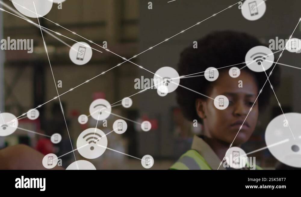 Animation of connected phone and wifi icons over african american woman ...