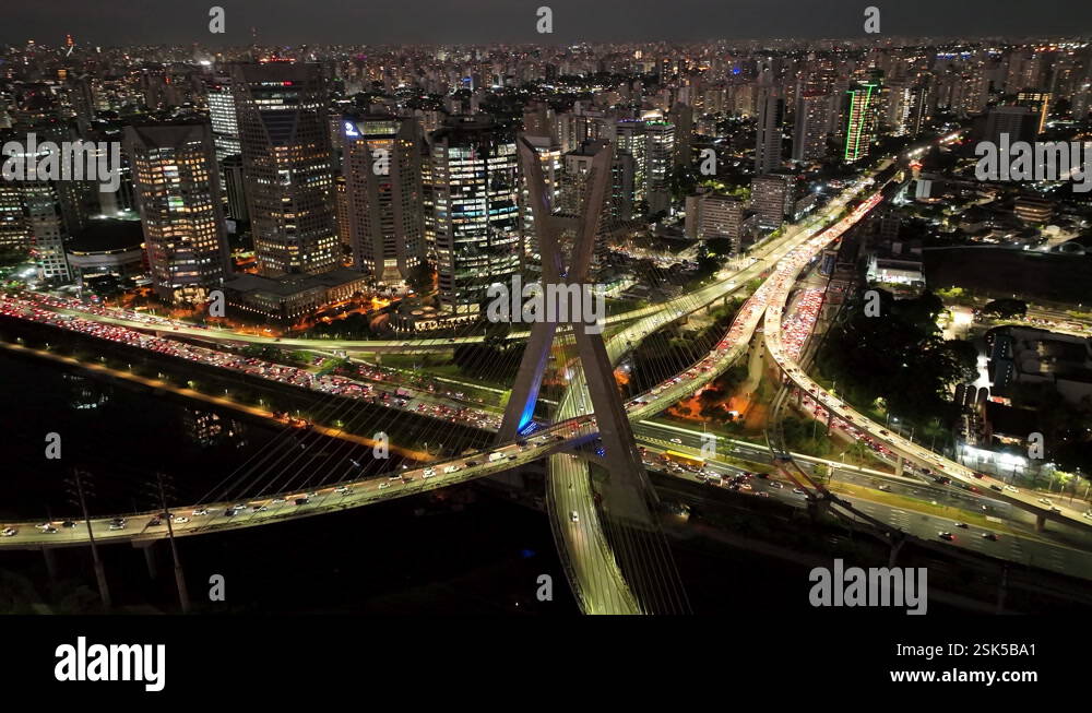 Cable Bridge At Downtown In Sao Paulo Brazil. Cityscape Bridge. Traffic ...