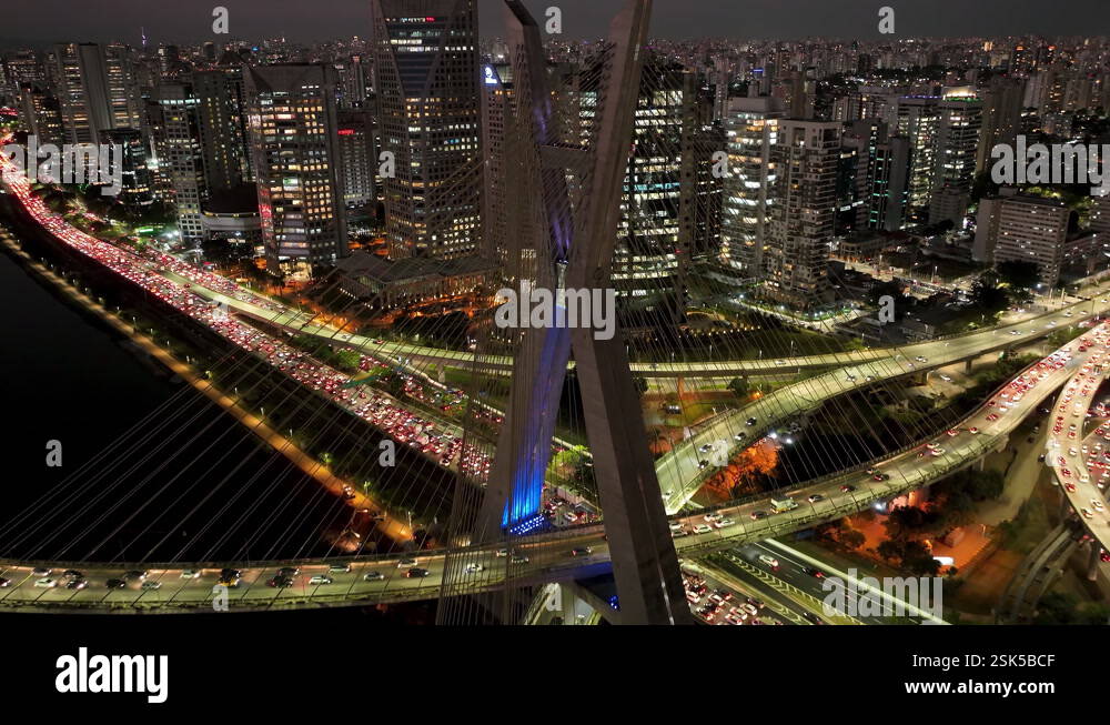 Cable Stayed Bridge At City Night In Sao Paulo Brazil. Downtown Bridge ...