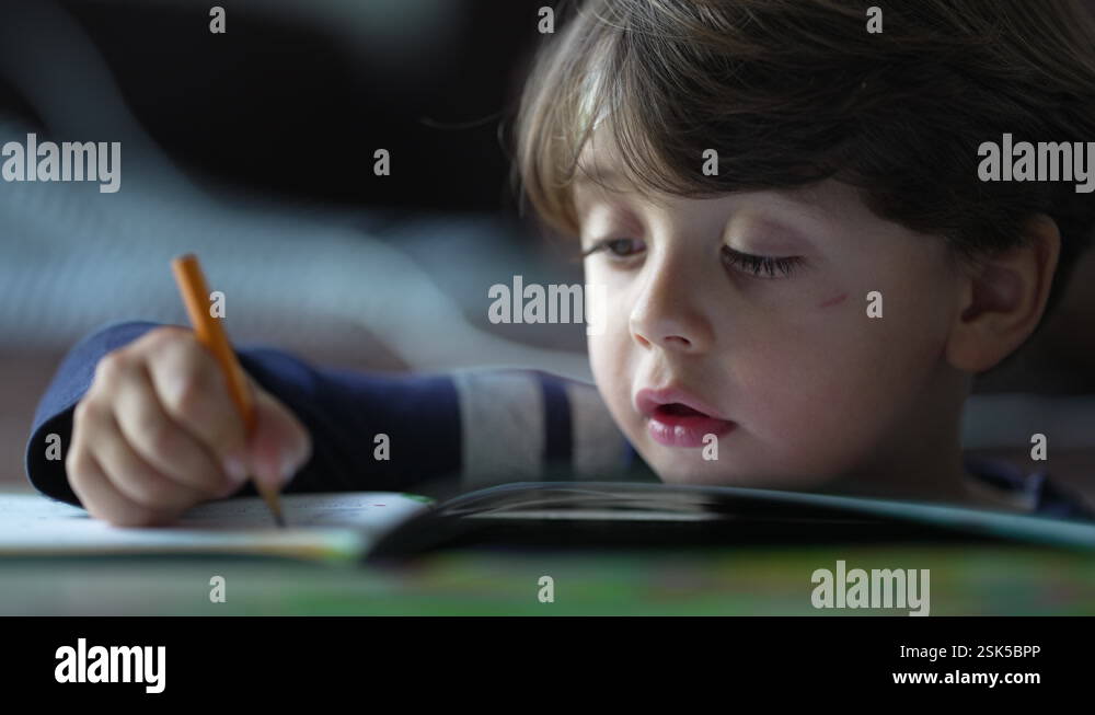 One concentrated little boy doing school work. Kid holding pencil ...