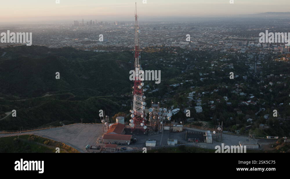 Aerial Hollywood sign and Antenna on an helicopter sunrise from the ...