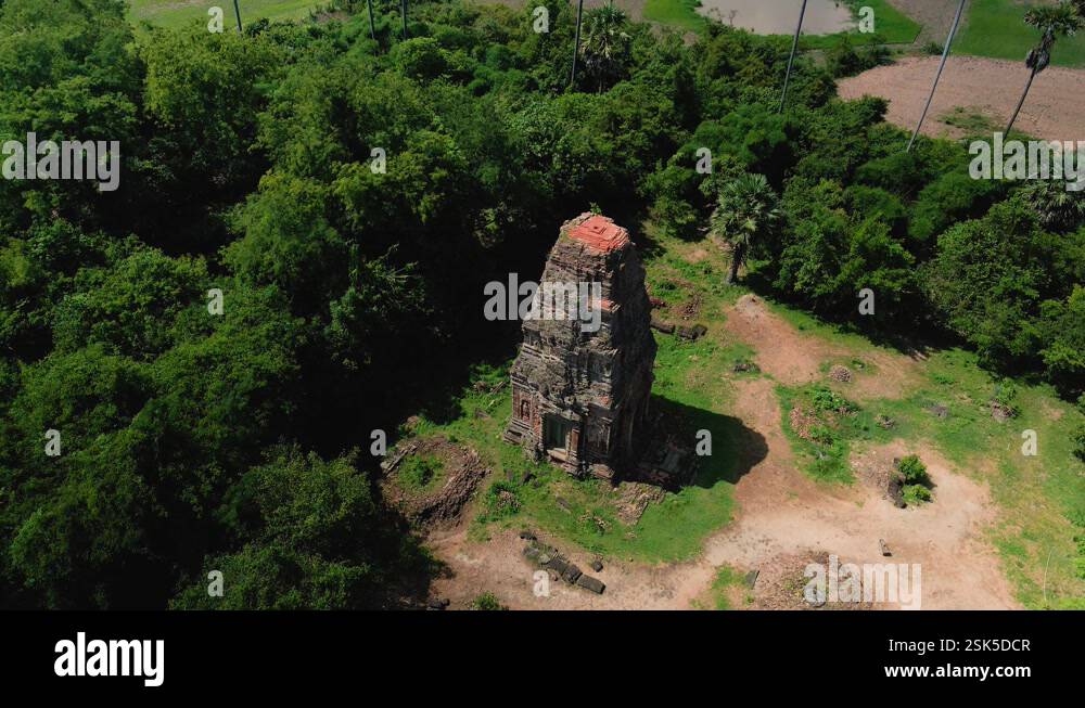 Angkor temple, Trapeang Pong Remote temple. Drone fly out revealing ...