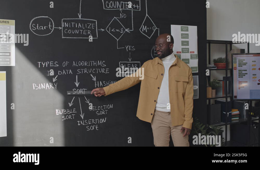 Teacher Explaining Scheme on Blackboard during Computer Class Stock ...