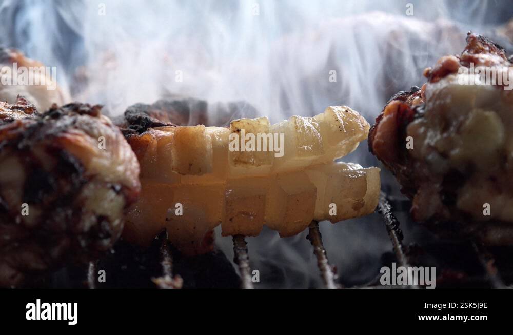 Street Food, Cooking Fast Food, Barbecue Mixed Frying Bacon Pork, View ...