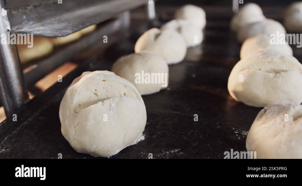 Close up of raw and baked rolls on shelves in bakery kitchen, slow ...