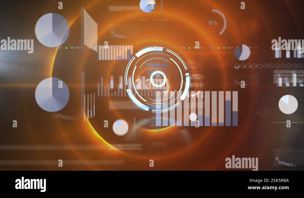 Animation of neon round scanner over statistical data processing and orangelight Stock Video ...