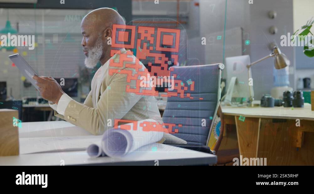 Animation of qr code and data processing over african american ...