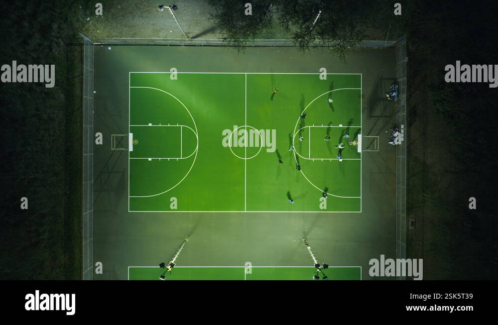 Aerial 4K Basketball Court at night, Overhead view of basketball ...