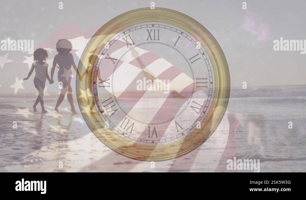 Animation of clock ticking over flag of usa and african american woman ...