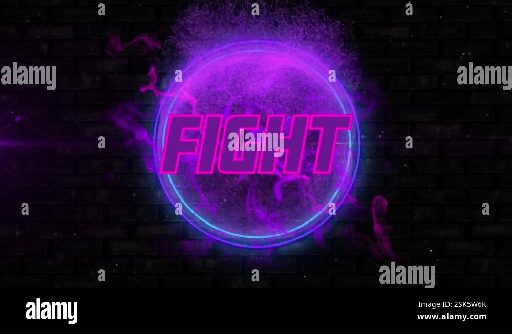 Animation of fight text over neon circle on black background Stock ...