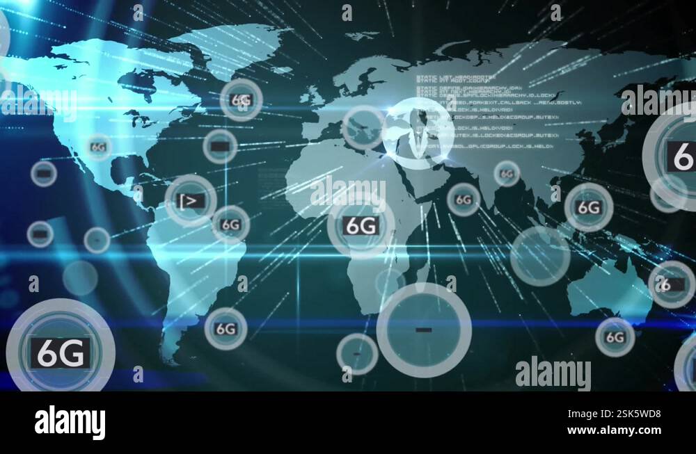 Animation of 6g text, network of connections and data processing over ...