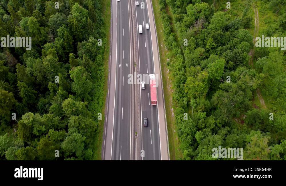 Bird-eye view of European highway with nice traffic flow cars and ...
