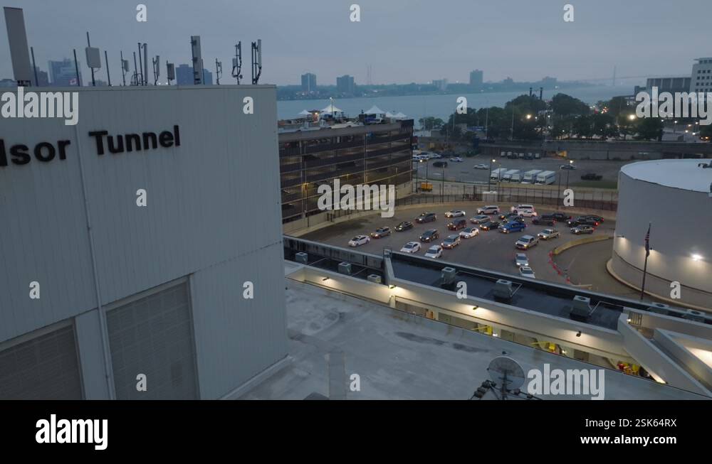 Detroit - Windsor tunnel establishing aerial shot. Famous tunnel ...