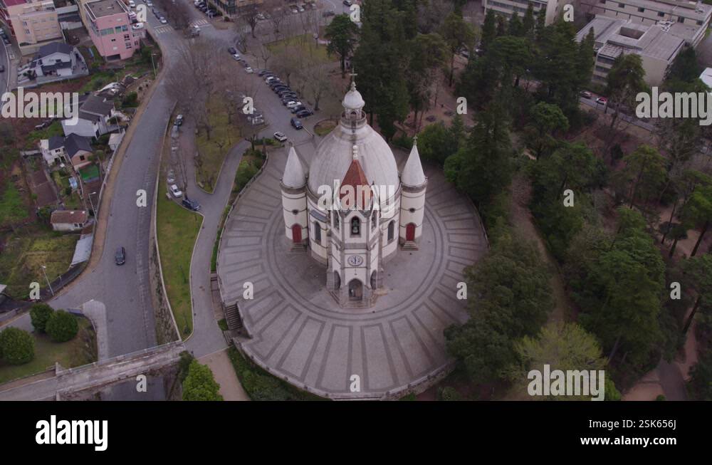 Wide shot of the Jardim do Sameiro with church on hill at Penafiel ...