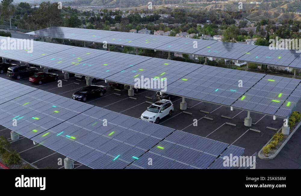 Electricity moving through solar panel at a photovoltaic EV shelter ...