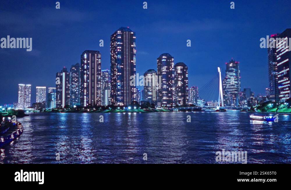 Night light Tokyo, Tsukuda, Toyosu skyscrapers and bridge The Sumida ...