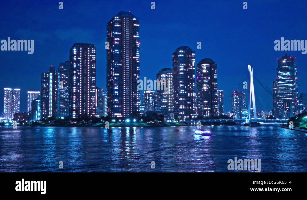 Night light Tokyo, Tsukuda, Toyosu skyscrapers and bridge The Sumida ...