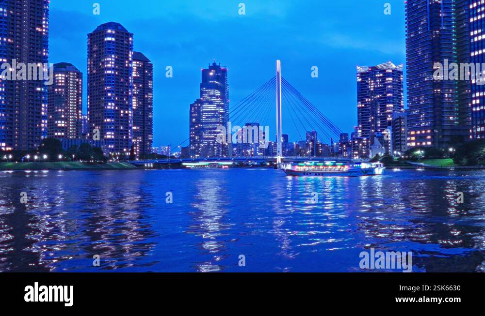 Night light Tokyo, Tsukuda, Toyosu skyscrapers and bridge The Sumida ...