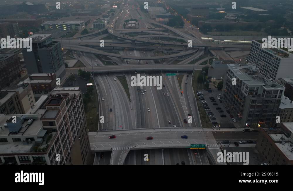 Highway interchange in huge American city. Many freeways converge ...