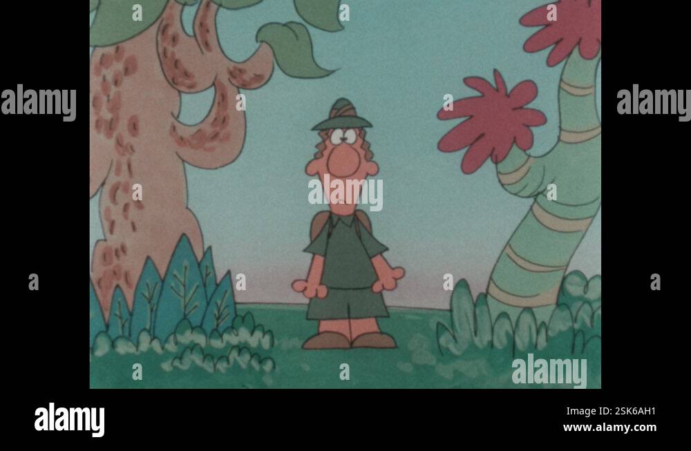 1980s: Animated explorer stand in jungle and speaks. Cartoon aerial ...