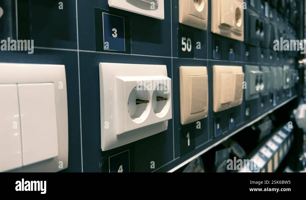 Electrical sockets and switches on the counter of an electrical goods ...