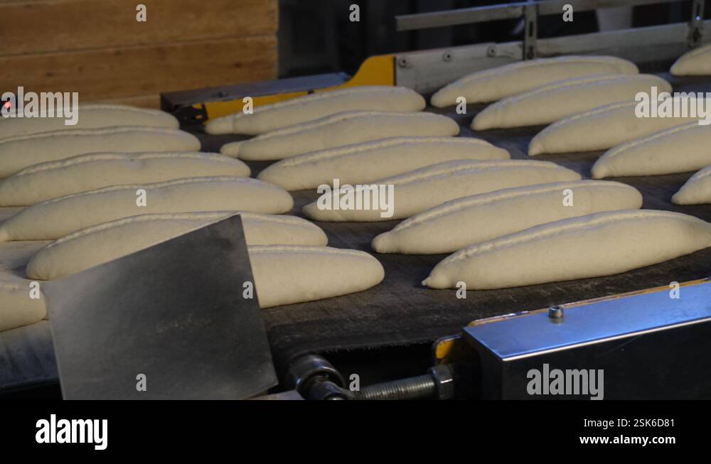 the bread dough is moving on the furnace band to bake Stock Video ...