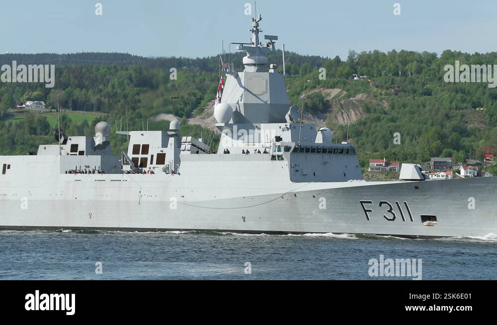 military royal norwegian navy frigate arrival side view oslofjord ...