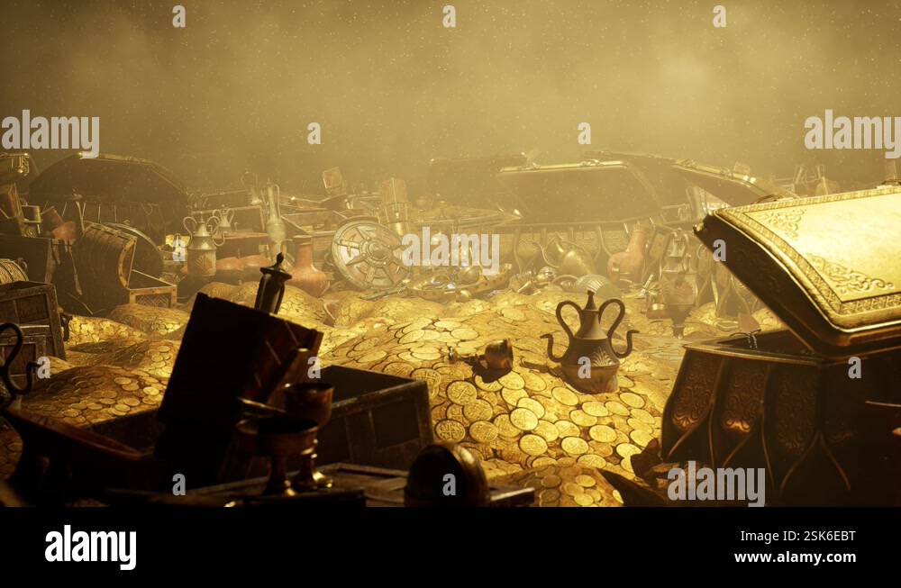 A huge ancient treasure with gold coins, gold artifacts, chests full of ...