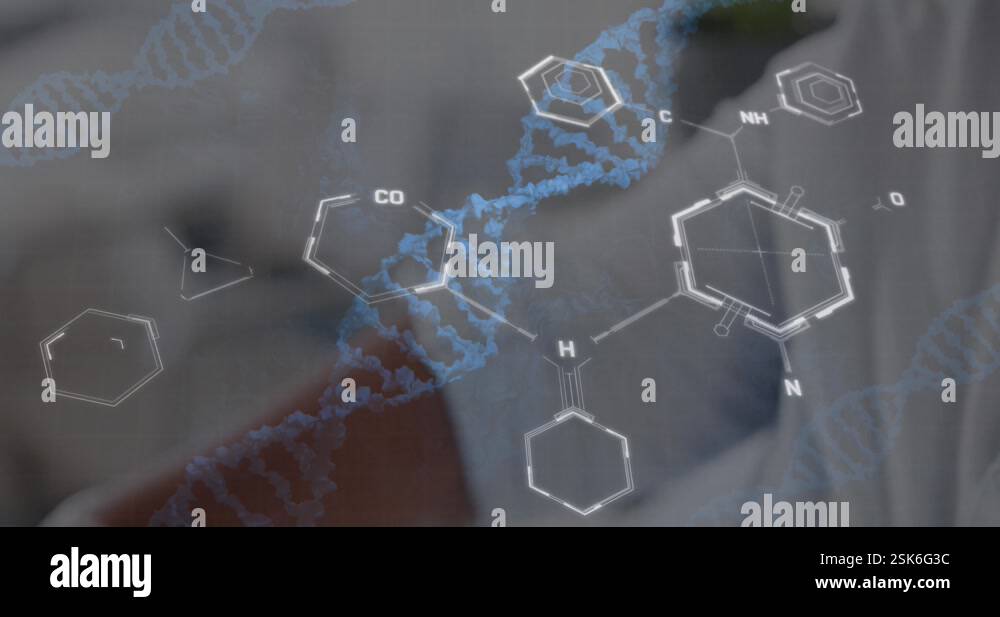 Animation of dna strands and chemical formula over nurse and senior ...