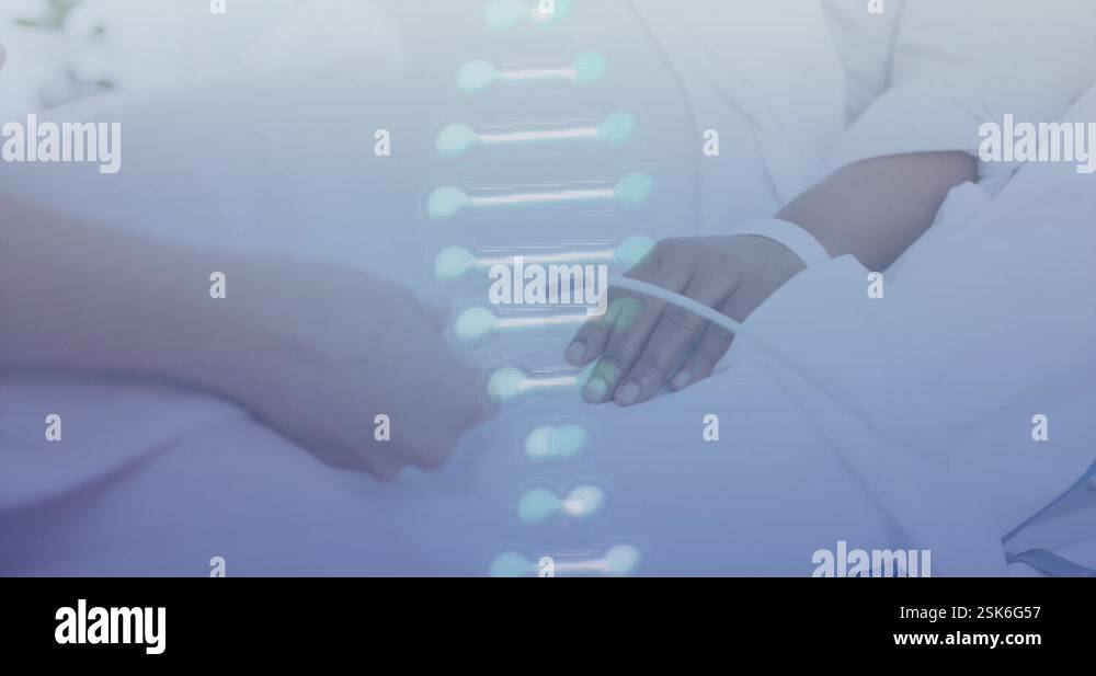 Animation of dna strand over biracial female patient in hospital bed ...