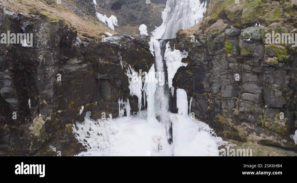 Aerial View, Birds Flying Above Almost Frozen Waterfalls, Wilderness of ...
