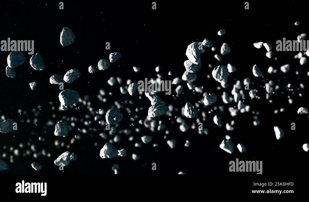 Animated stone and rock particles on dark background, simulation of ...