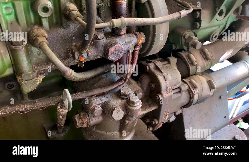 Old emergency diesel generator. Dirty diesel engine and seeping oil ...