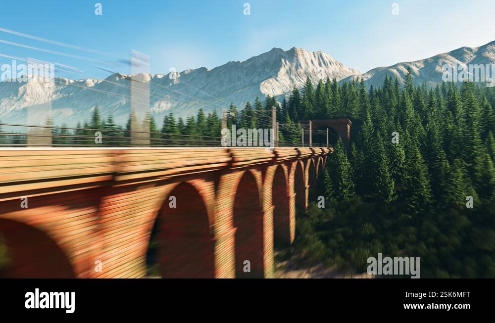 Bullet train crossing bridge over the water with view of mountains and ...