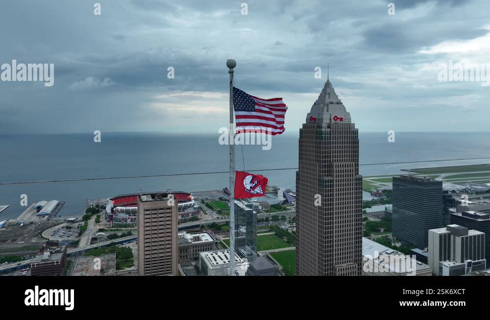 Cleveland, Ohio USA, Aerial View of American National Flag Waving on ...