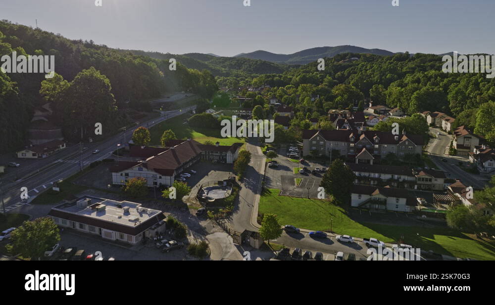 Helen Georgia Aerial v6 low flyover charming town with traditional ...