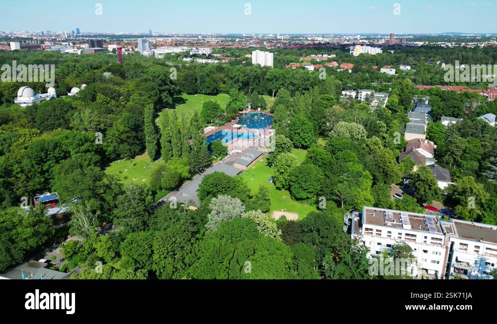 Gorgeous aerial top view flight public swimming pool Insulaner, city ...
